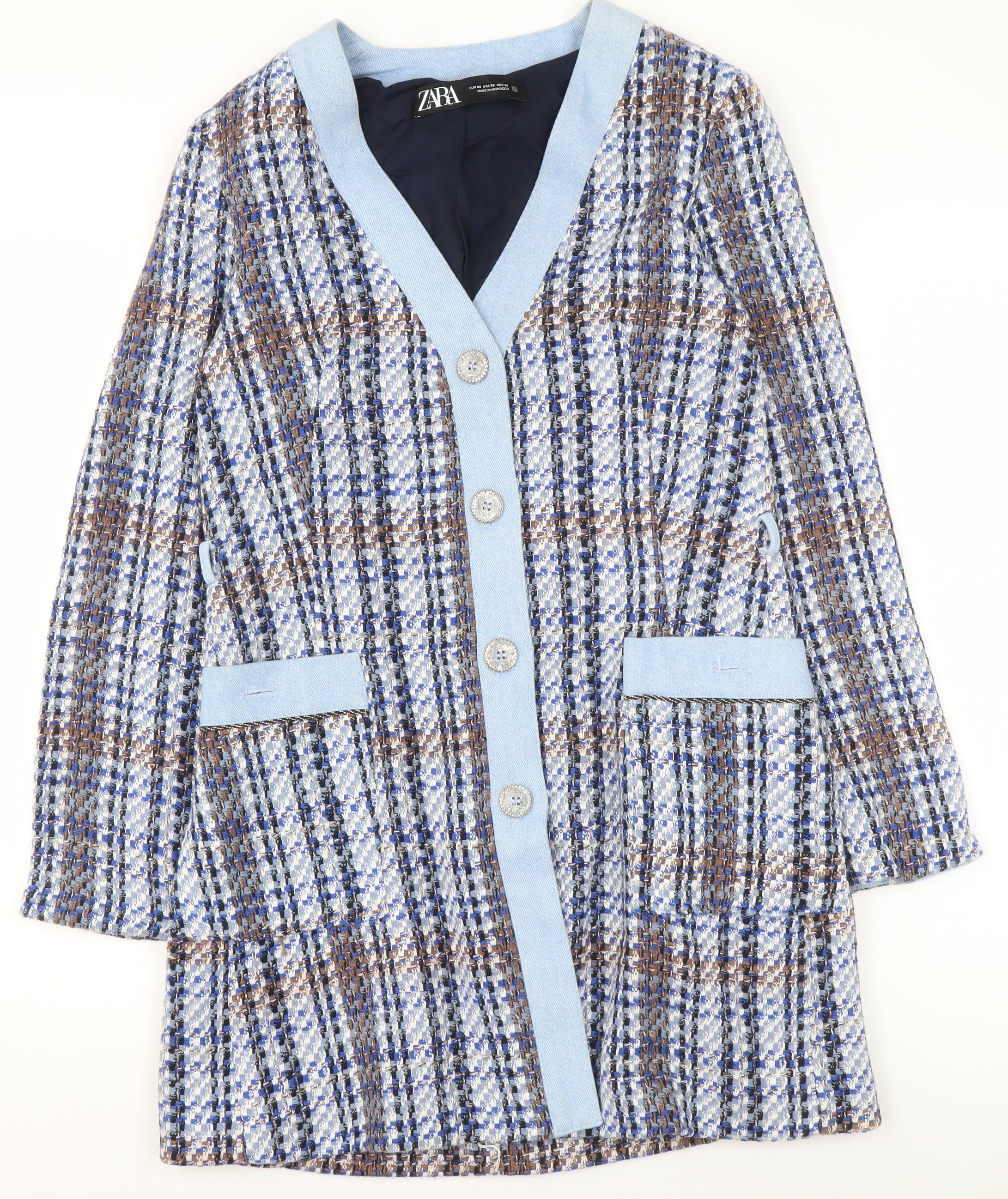 Zara Women Blue Check Tweed Coatigan XS Classic Mid-Length – Preworn