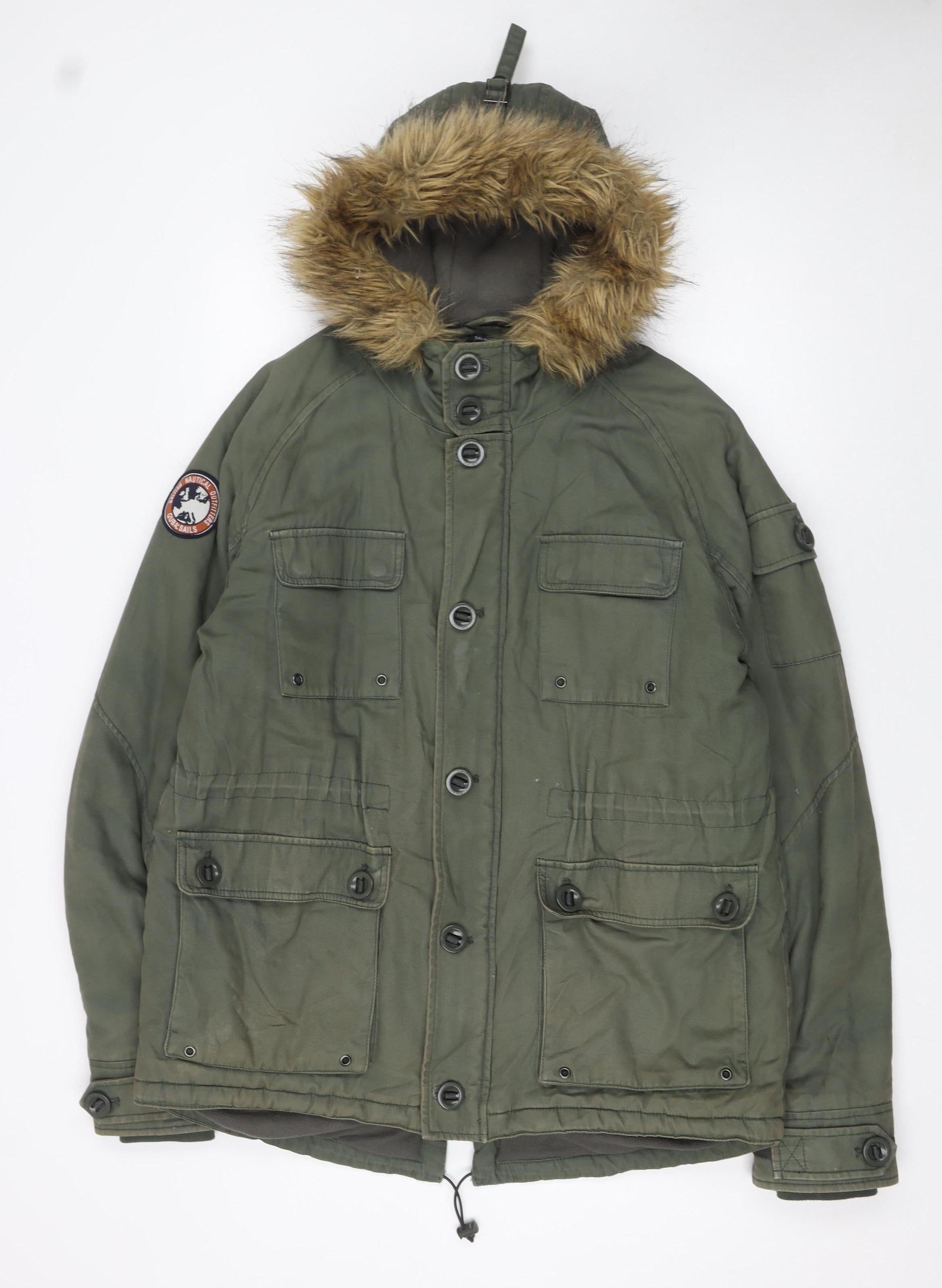 Quba Sails Women's Green Parka Jacket L Faux Fur Hood Cotton Winter Co ...