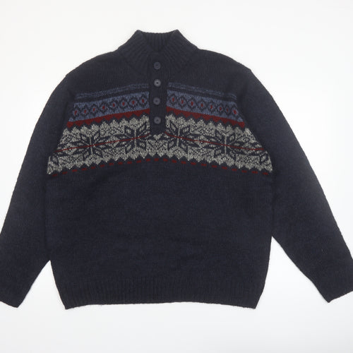 Tricots St. Raphael Men's Blue Fair Isle Henley Wool Jumper XL – Preworn