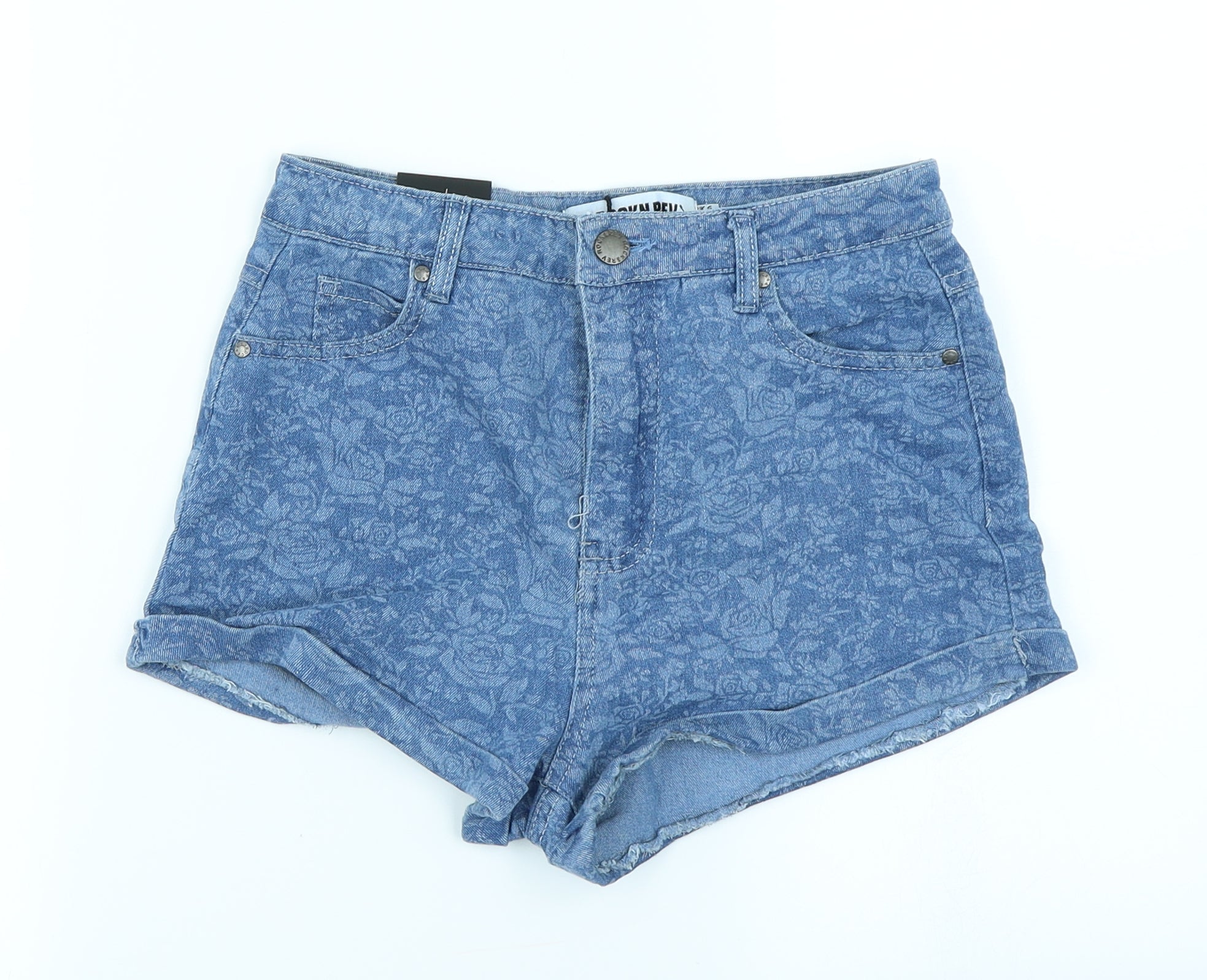 The Rockin Rev Womens Blue Floral Denim Hot Pants Shorts Size 6 – Preworn