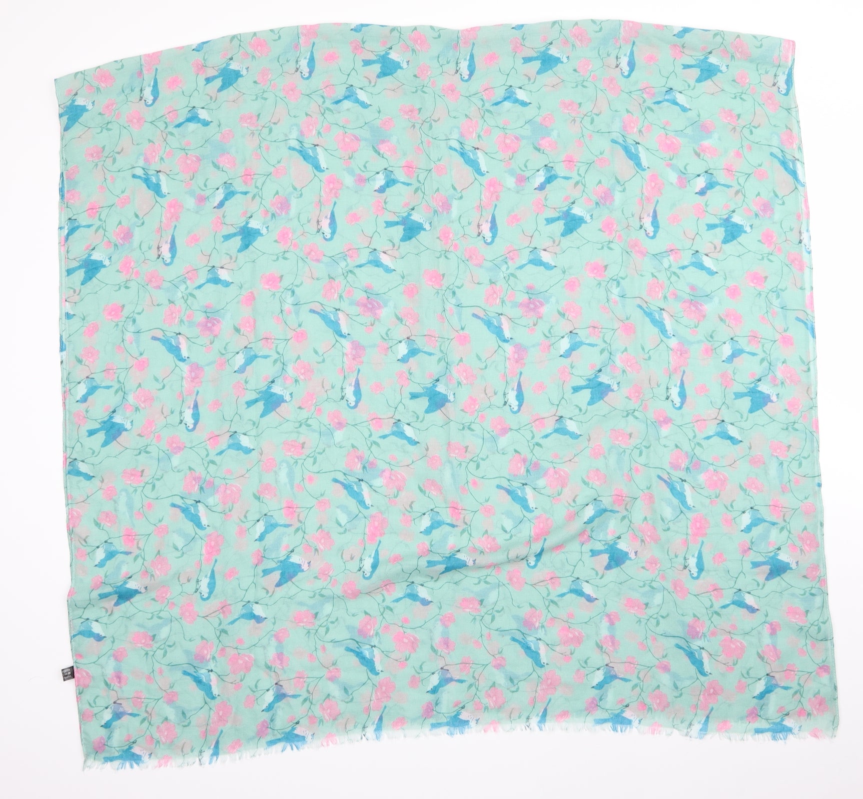 Preworn Womens Green Animal Print Shawl/Wrap - Blue Birds Pink Flowers